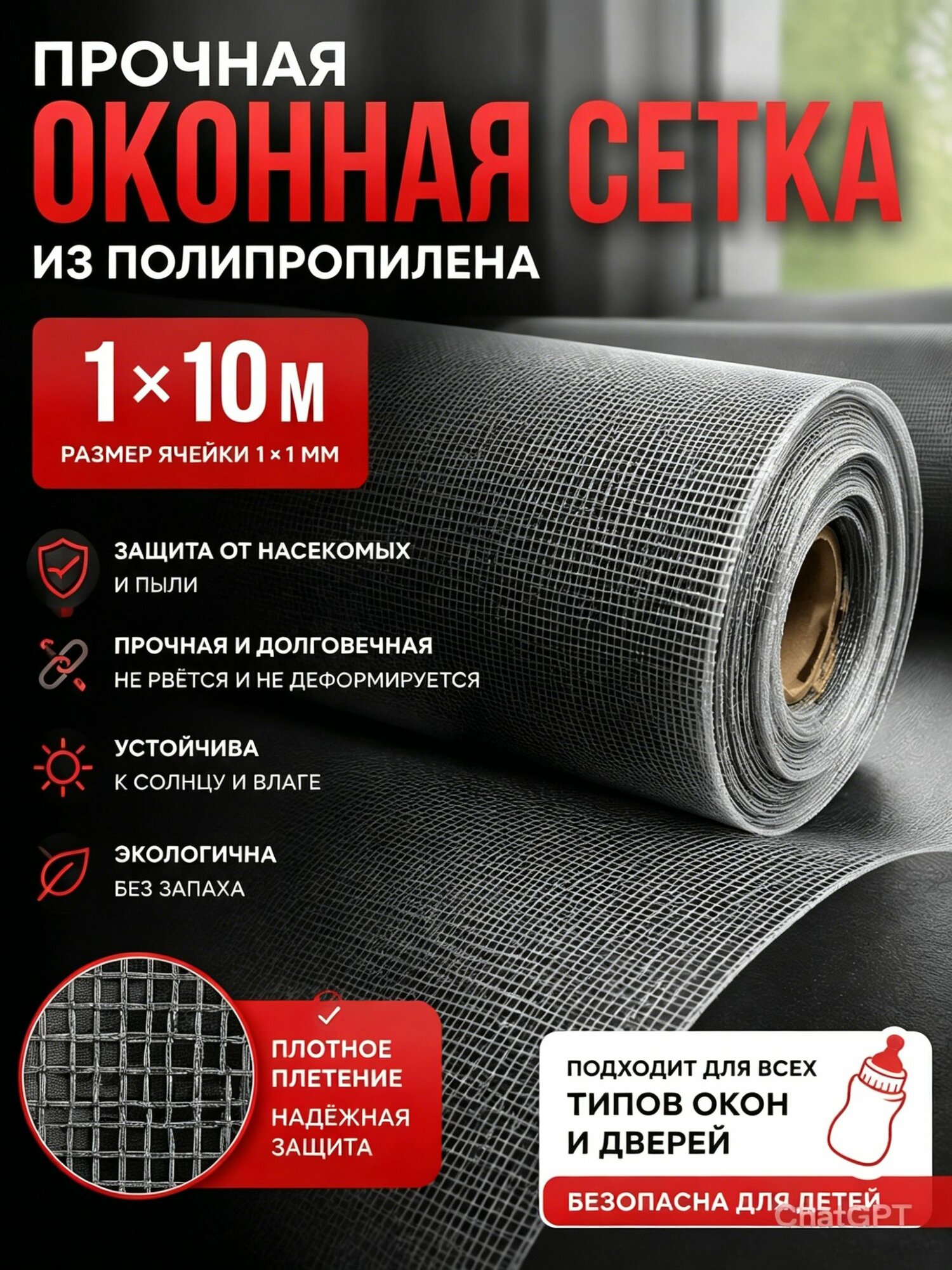 Москитная сетка на окна от комаров 1х10m полотно от комаров, мух, насекомых серое