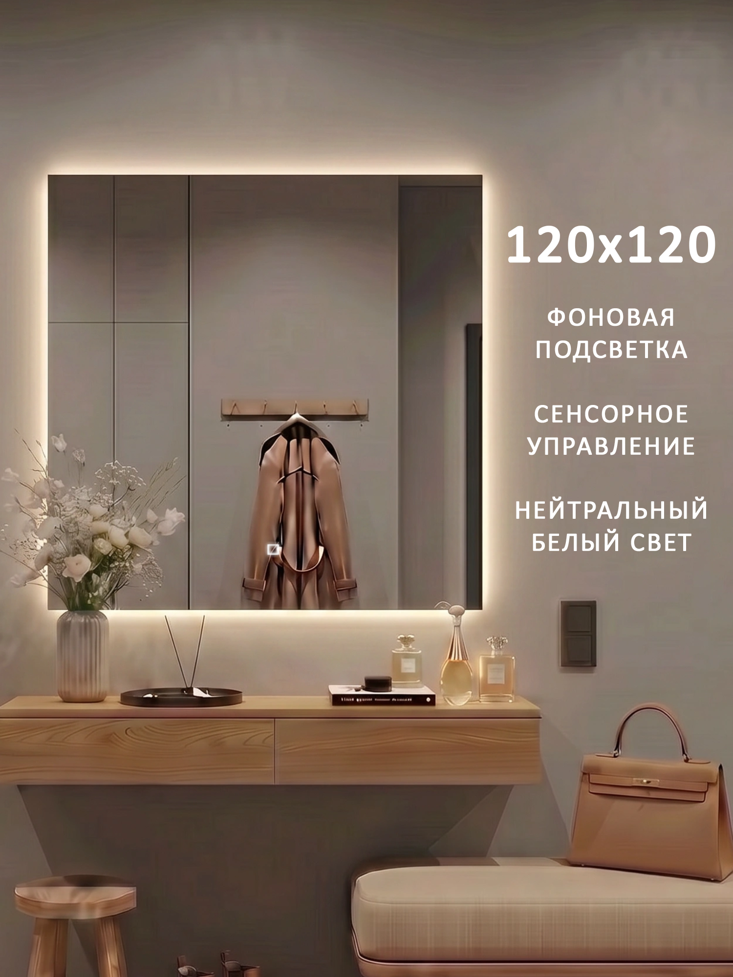 Зеркало настенное в прихожую Alias Квартал 120*120, нейтральная LED-подсветка, сенсор