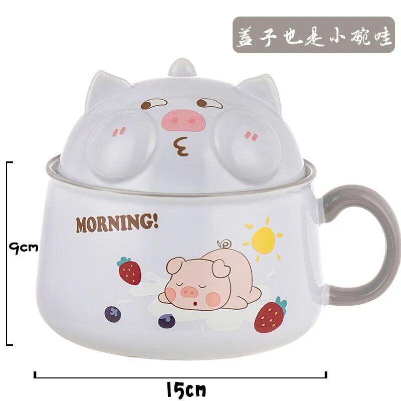 Миска Cute Piggy 2-в-1 для рамэна, серая металлическая, с крышкой, керамика, 15x9 см