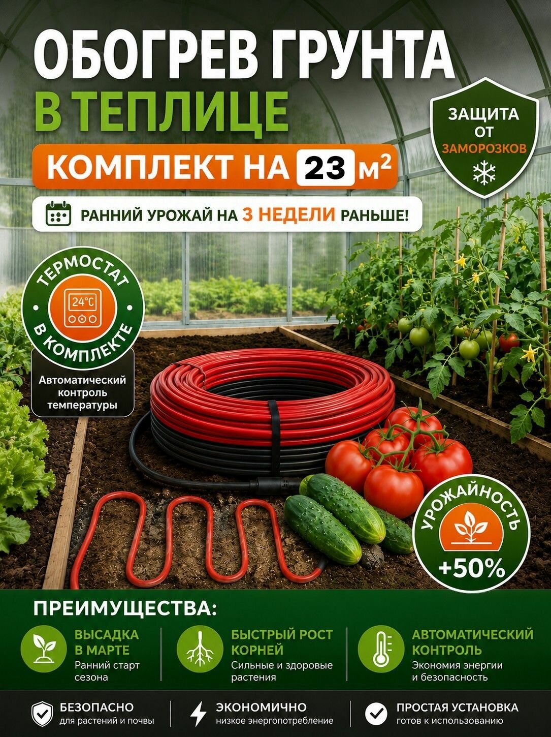 Обогрев грунта в теплице. Комплект на 22-23м2 с термостатом (150м)