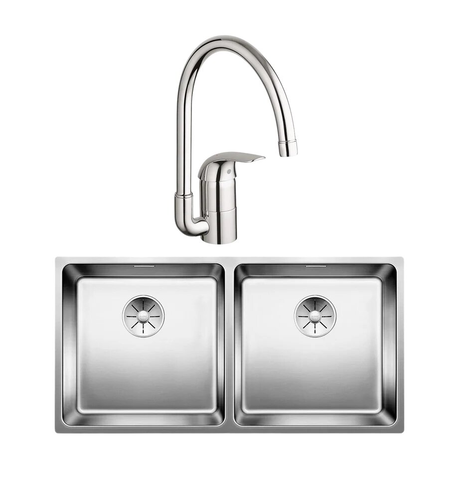 Комплект Мойка Blanco Andano 400/400-U 86x44, сталь, нержавеющая сталь / Смеситель Grohe Euroeco 32752000 глянцевый хром
