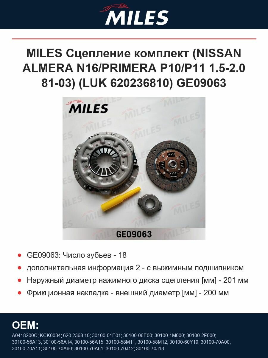MILES Сцепление комплект (NISSAN ALMERA N16/PRIMERA P10/P11 1.5-2.0 81-03) (LUK 620236810) GE09063