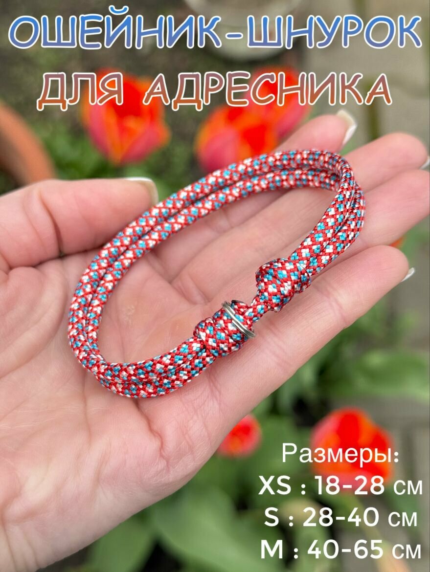 Ошейник-Шнурок для адресника из паракорда, красно-бело-бирюзовый, S (28-40см)
