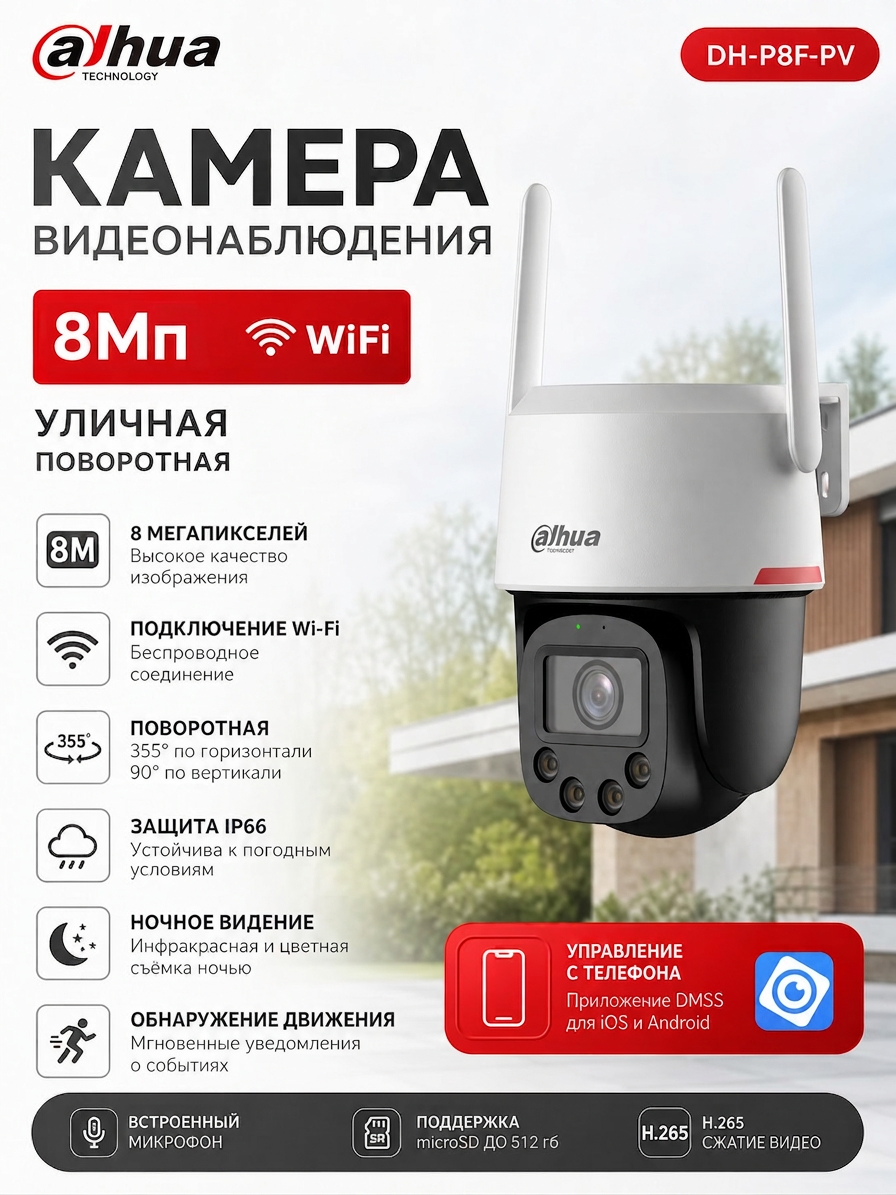 Уличная поворотная 8 Мп 4 K IP видеокамера Dahua DH-P8F-PV (DH-IPC-P8FP-PV-0360B-PRO)