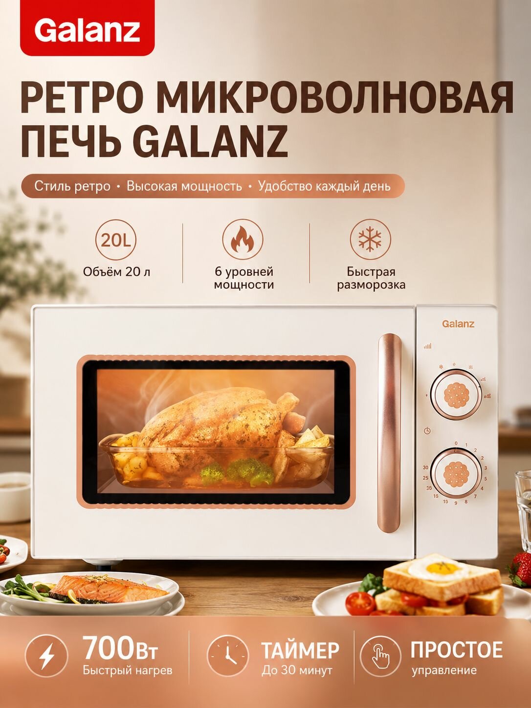 Ретро микроволновая печь 20 л Y0-HP3S2, 700 Вт, поворотный стол для равномерного прогрева