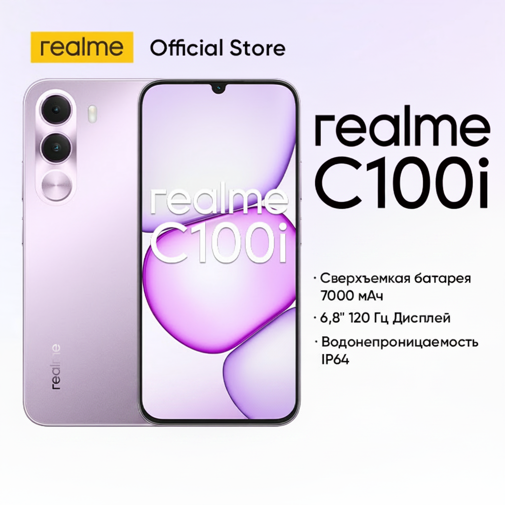 [Быстрая доставка] Смартфон realme C100i ArmorShell ™ Защита IP64, аккумулятор 4GB 128GB Purple