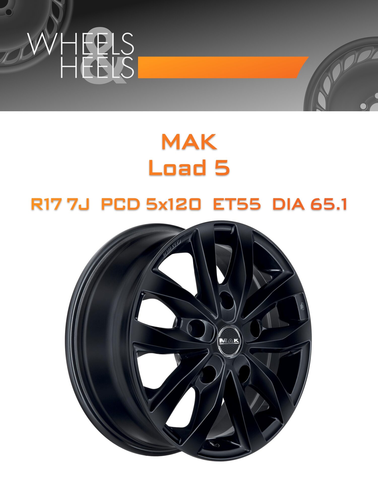 Диск автомобильный литой MAK Load 5 17x7 5x120 et55 dia65.1 Чёрный глянцевый