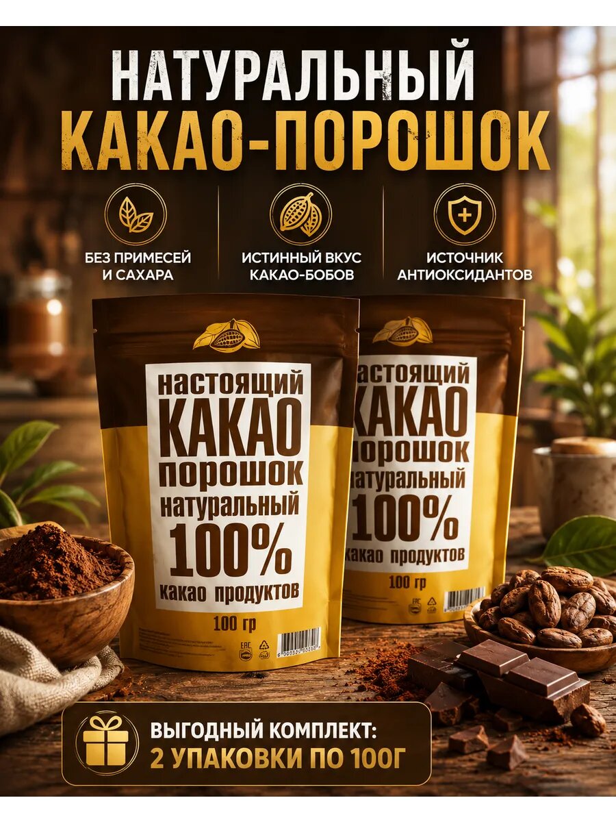 Какао порошок натуральный 100гр 2 штуки