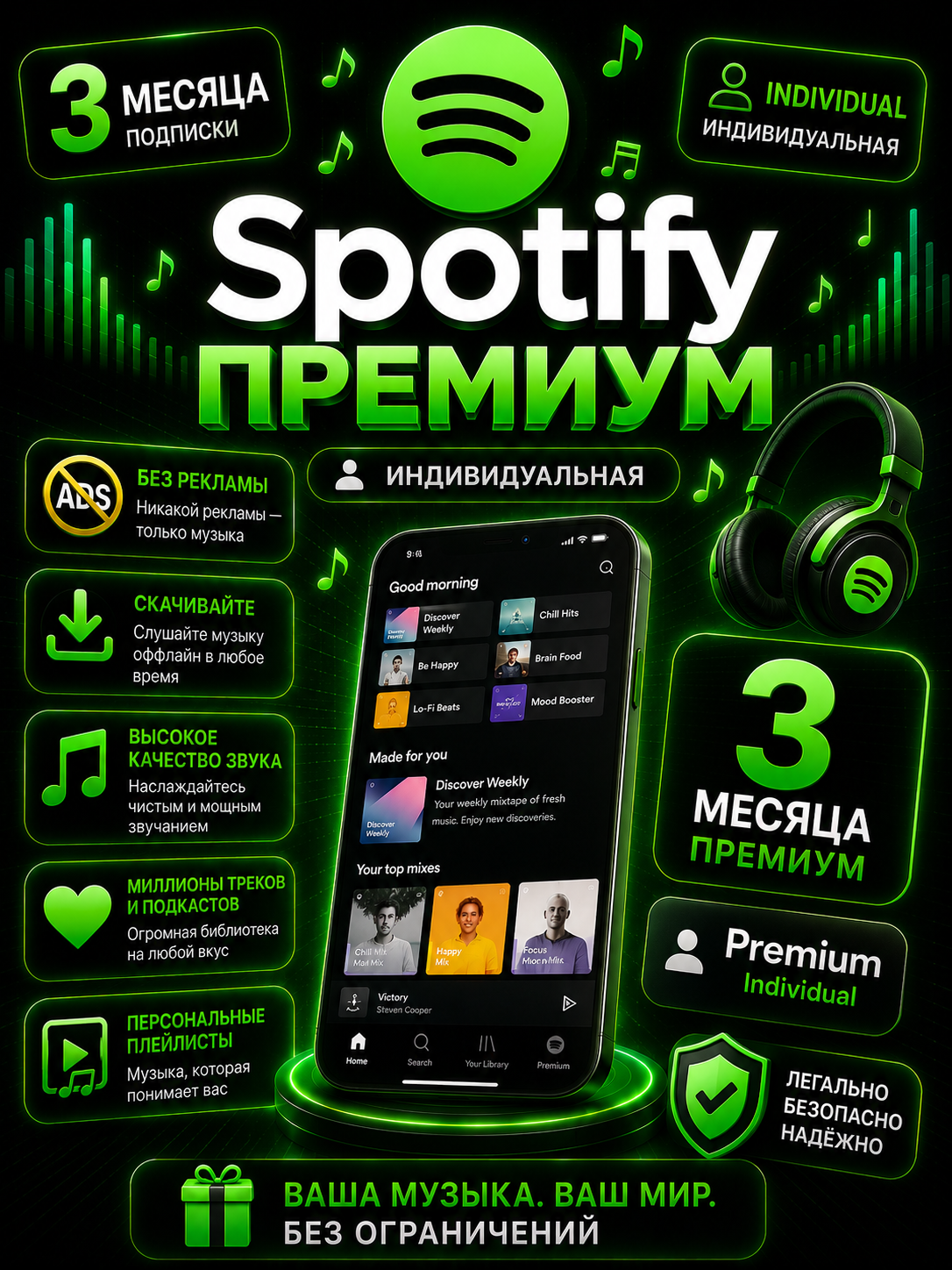Spotify Premium Индивидуальная подписка 3 месяца