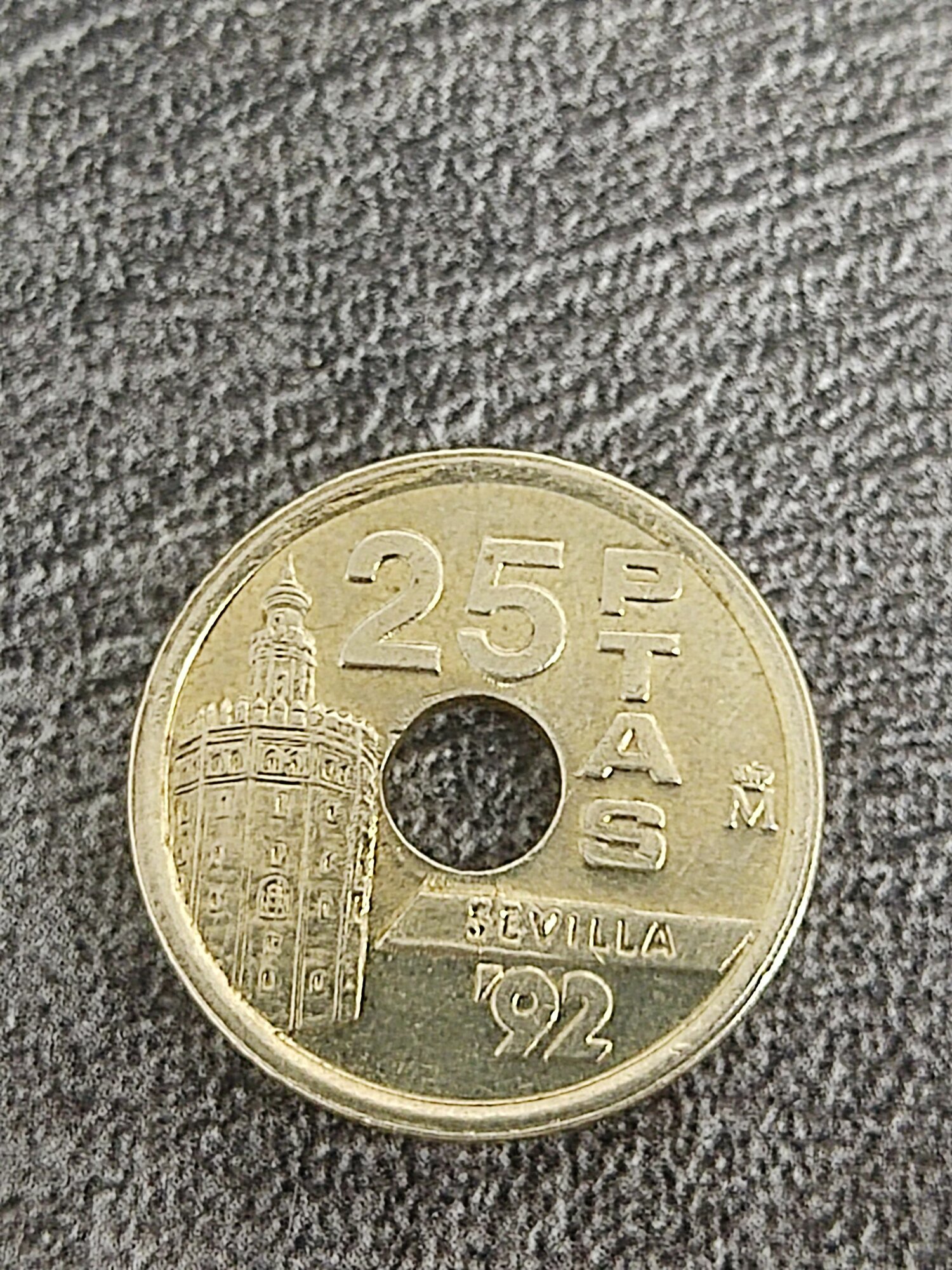 Оригинальная монета 25 песет (pesetas, ptas) Испания "Перевёртыш" 1992 Севилья. EXPO - 92