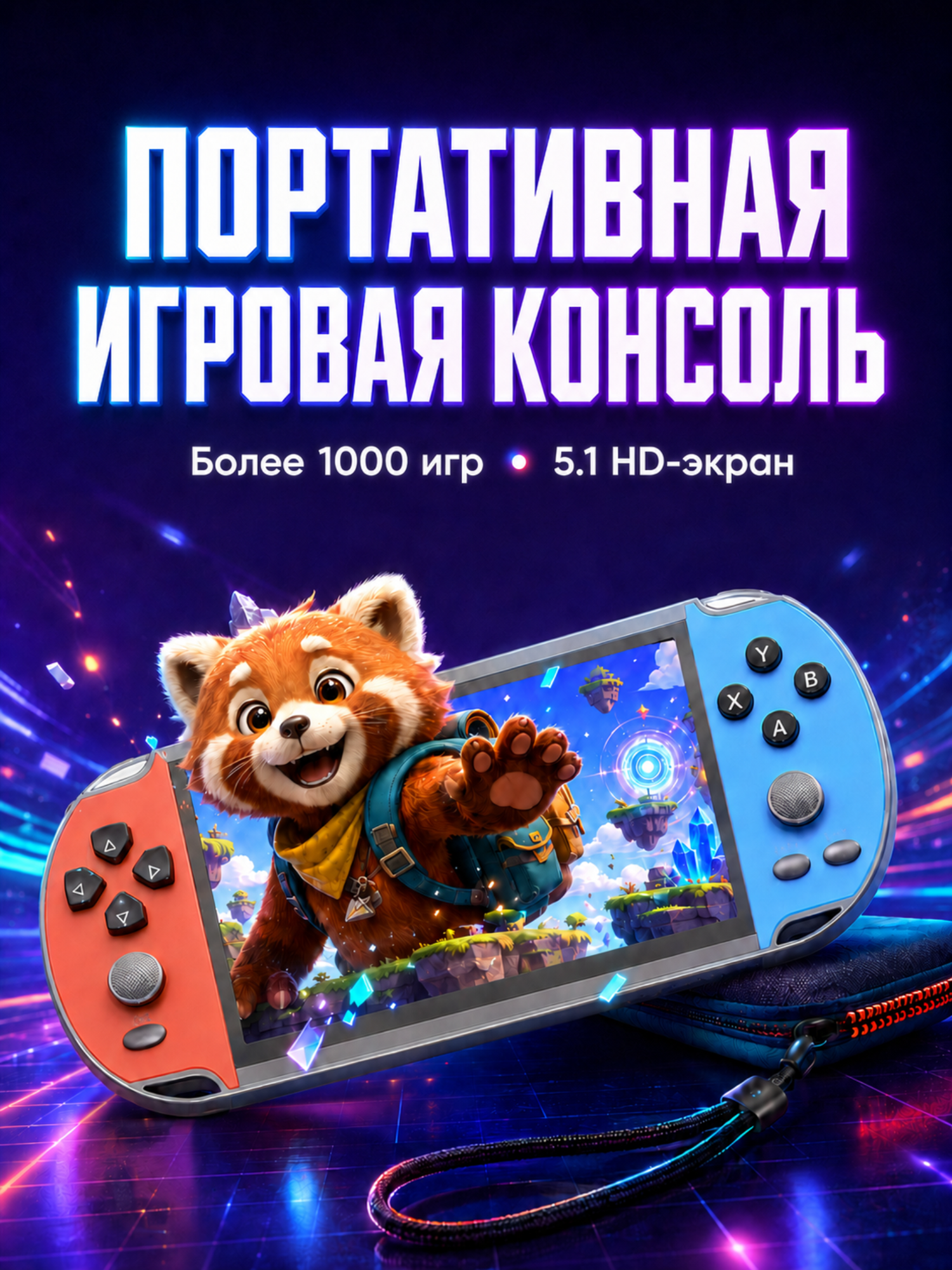 Игровая приставка портативная X7 Plus HD, эмуляторы денди и ретро консолей, 5,1 HD экран, более 1000 игр, сине-красная