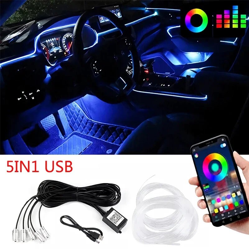 Гибкие Неоновые RGB LED-ленты EL-Wire С Управлением Через Приложение, 12В, Для 5in1 6m USB