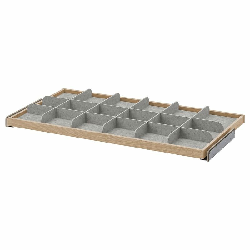 Корзина для хранения Ikea komplement выдвижная полка с перегородкой, 100x58 см, имитация дуба, выбеленная / светло-серый 393.320.13