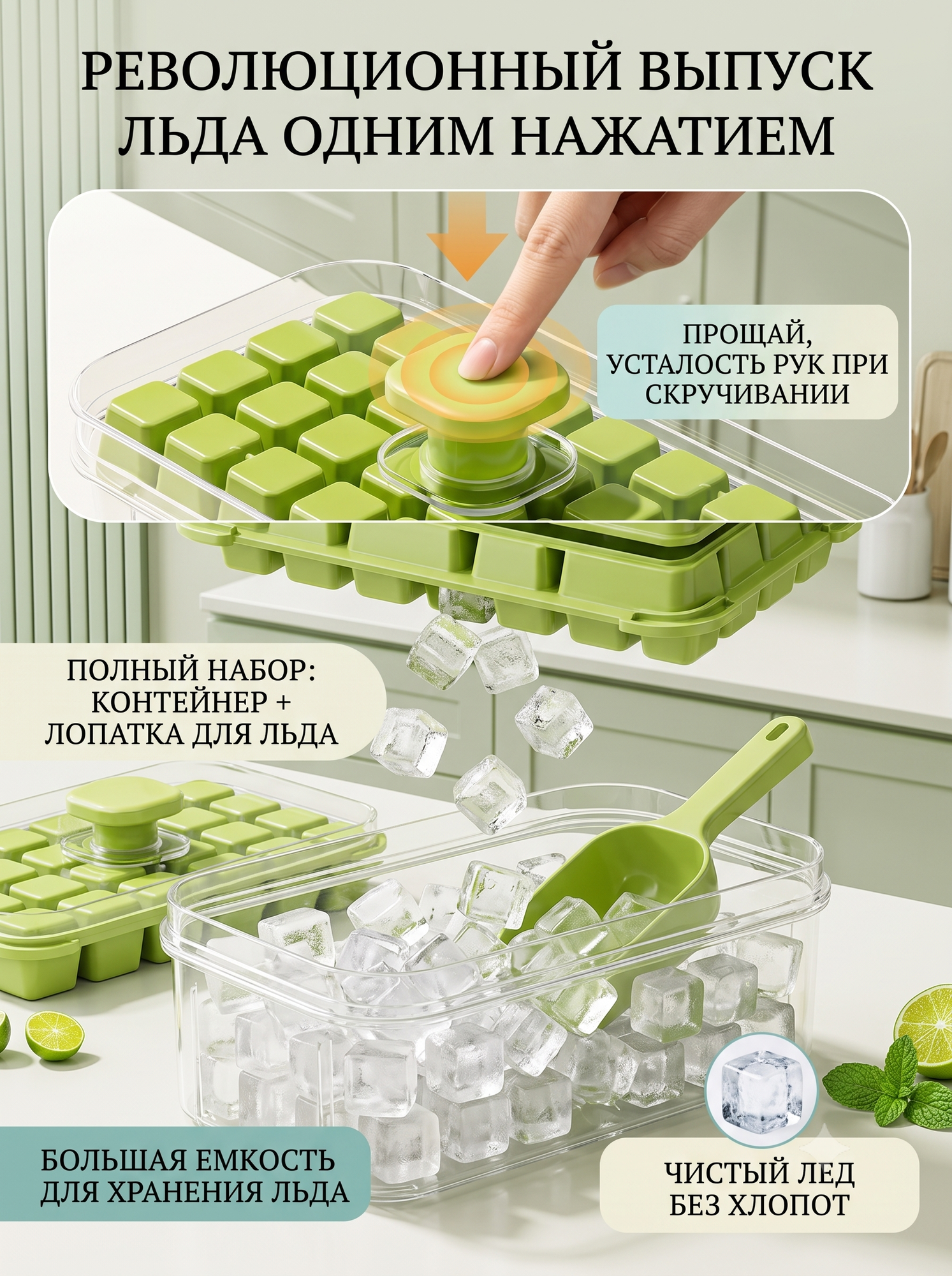 Форма для льда с контейнером и совком, лоток для кубиков льда с кнопкой, 64 ячейки