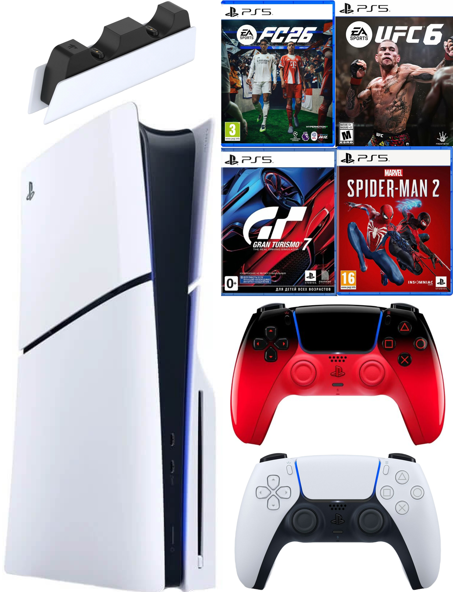 Игровая приставка Sony PlayStation 5 Slim, 1ТБ(с дисководом), +2-ой геймпад(techno red)+зарядная станция+4 игры