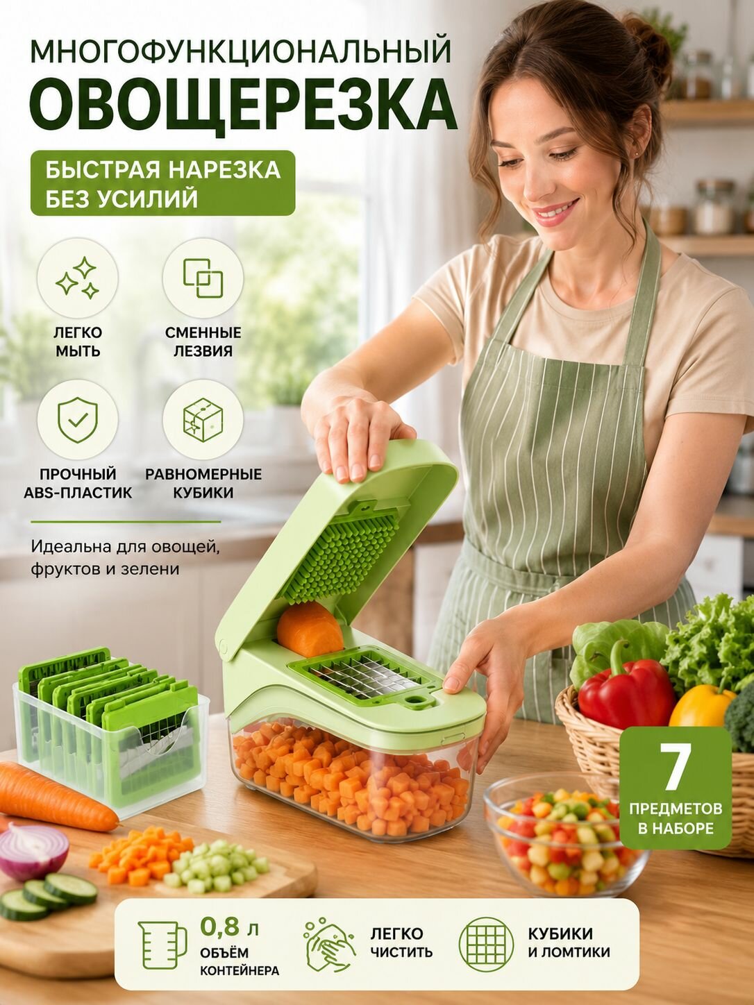 Нарезка фруктов и овощей кубиками, 7 предметов, зеленый