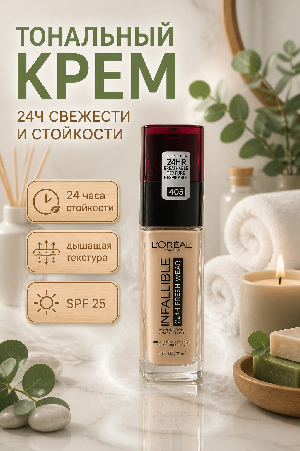 Тональное средство L'Oréal Paris, матовое, покрытие среднее, 30мл