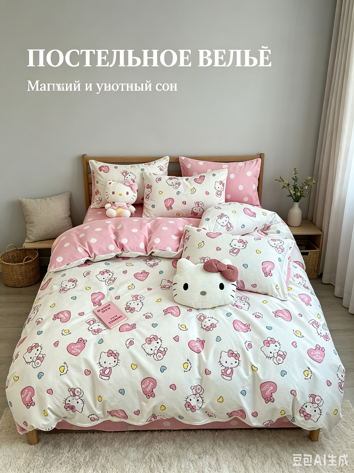 Постельное бельё, микрофибра, Hello Kitty, розовый цвет, размер 200х230 см, для детской спальни