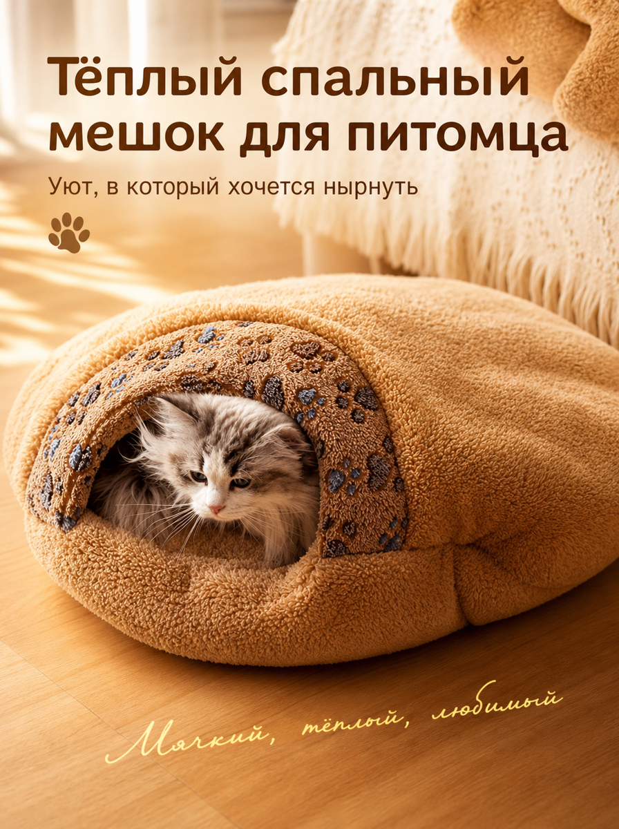 Теплый спальный мешок-норка для кошек и котят M 55х48х13 см, мягкий коричневый домик-лежак, 1 шт
