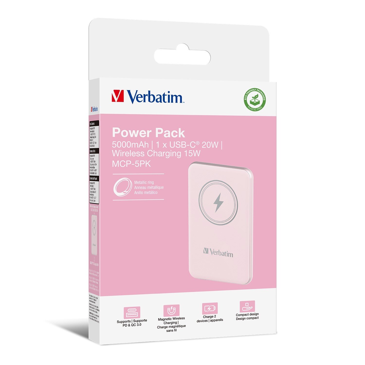Портативный аккумулятор Verbatim Charge‘n’Go Power Bank 5000 мАч с беспроводной зарядкой, розовый