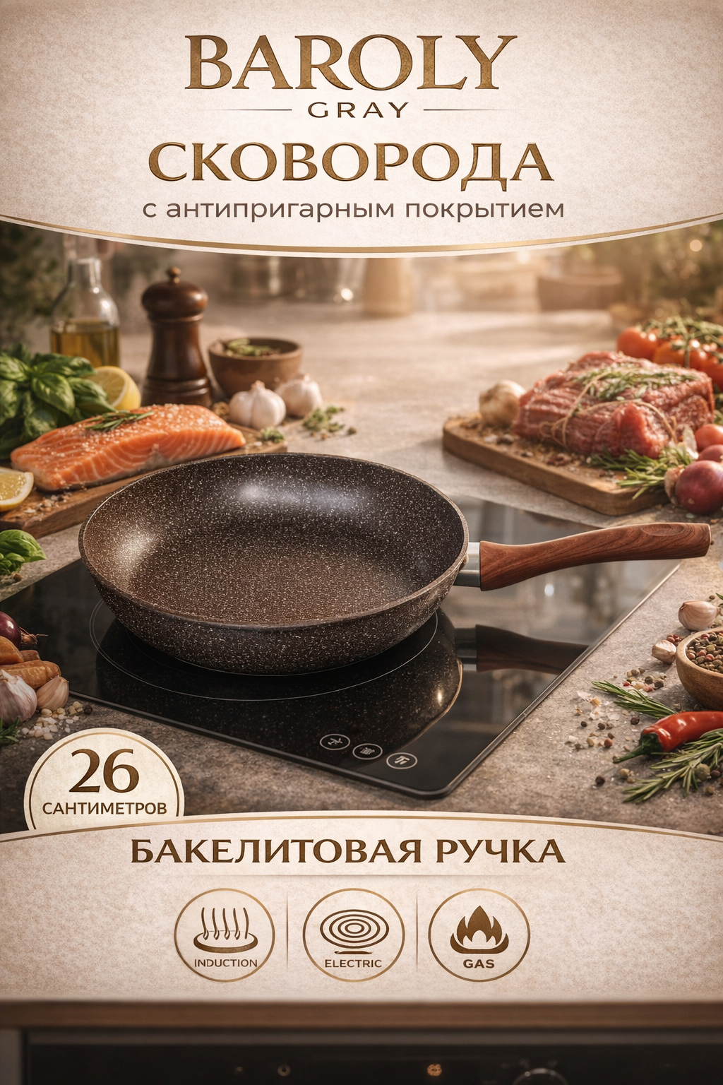 Сковорода «BAROLY» GRAY 26см, антипригарная, бакелитовая ручка, для индукции