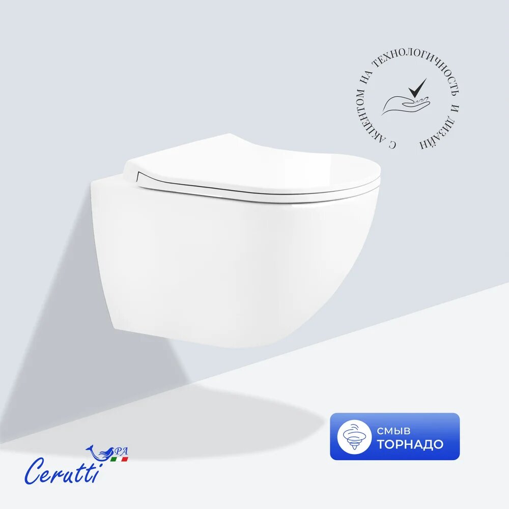 Унитаз подвесной Ceruttispa Amici Aria Tornado CT11388 с микролифтом, безободковый, без бачка, антивсплеск, фарфоровый, белый, глянцевый, овальный, сиденье для унитаза в комплекте