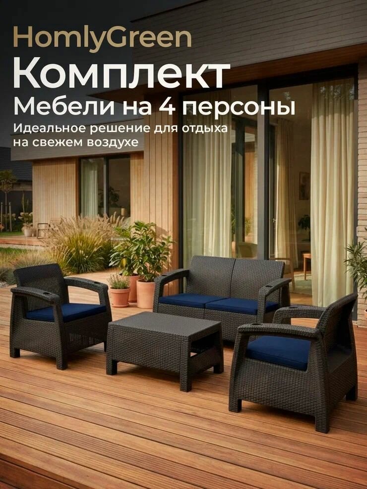 Садовая мебель. Комплект ViCtory Set 2+1+1+Сt+подушки темно-синего цвета