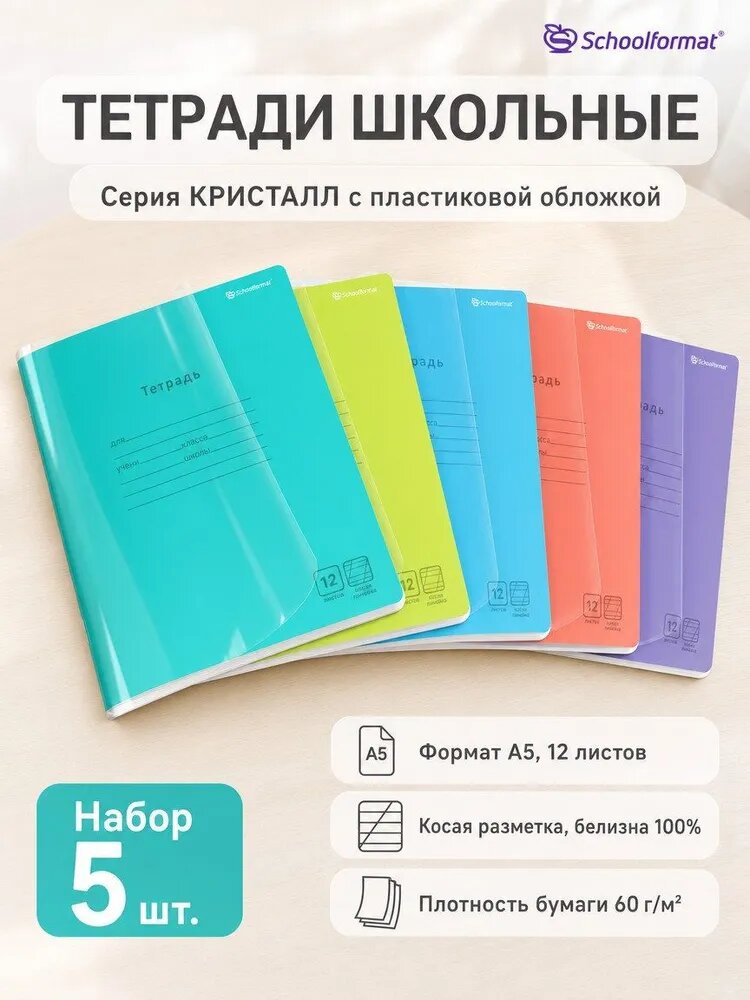 Тетрадь Скрепки 12 л 5 шт в косую линейку Schoolformat кристалл A5