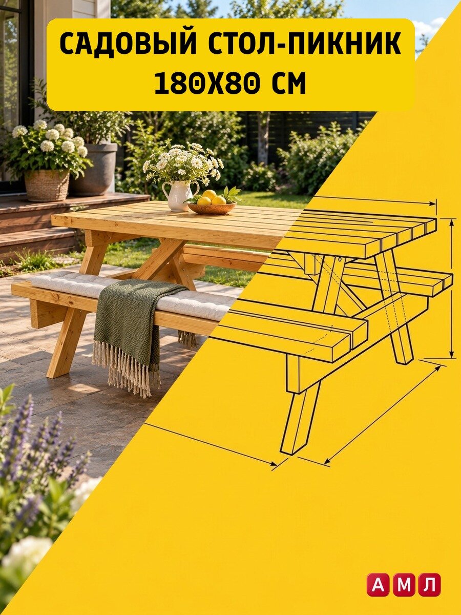 Проект чертеж садовый стол-пикник с лавками деревянный 180x80 см - скачать и распечатать чертежи, пошаговая и поэтапная схема сборки 3D