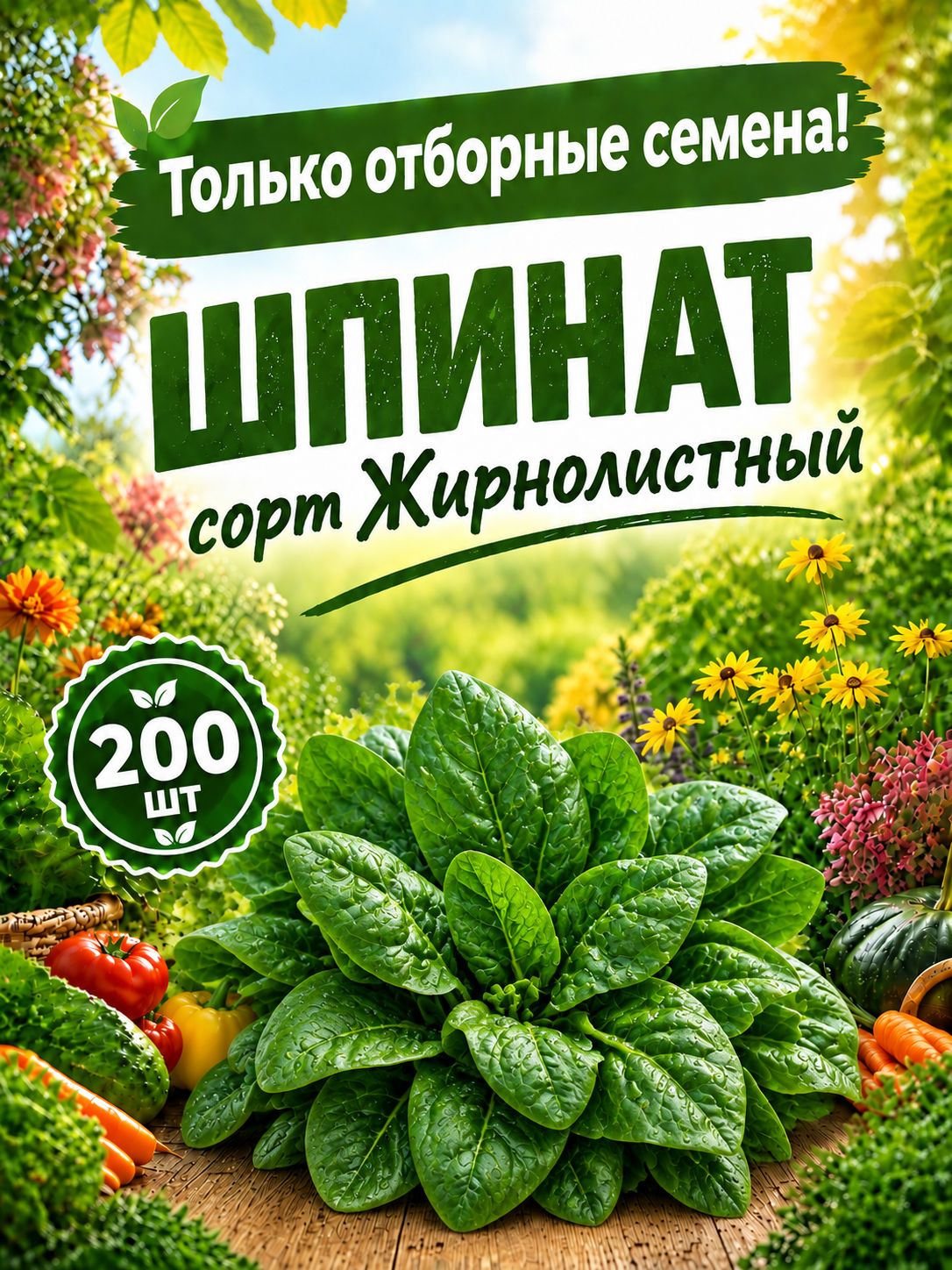 Семена шпината Жирнолистный - сочная, мясистая зелень для сытных салатов и горячих блюд
