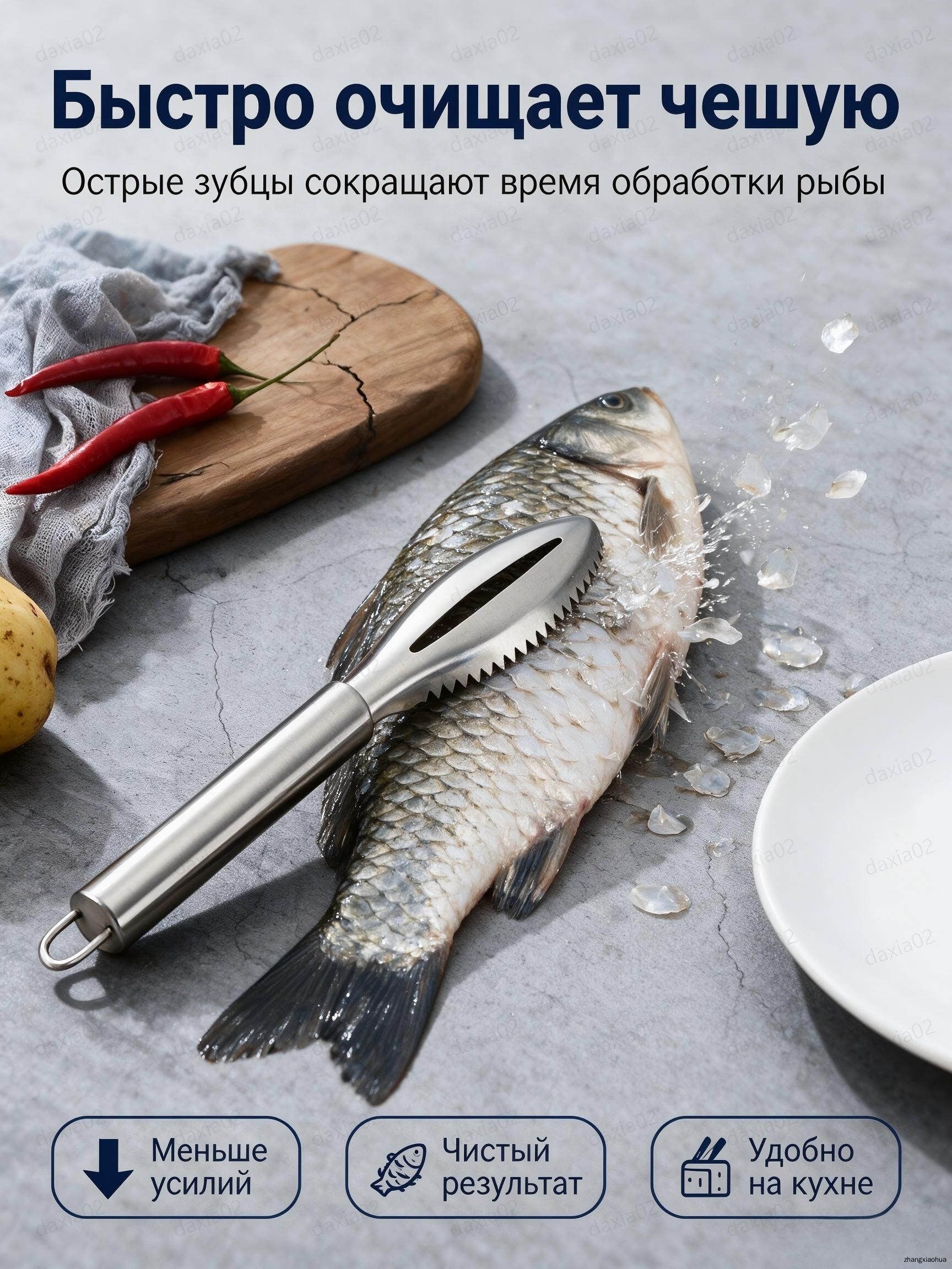 Доска для чистки рыбы с зажимом и желобком, разделочная