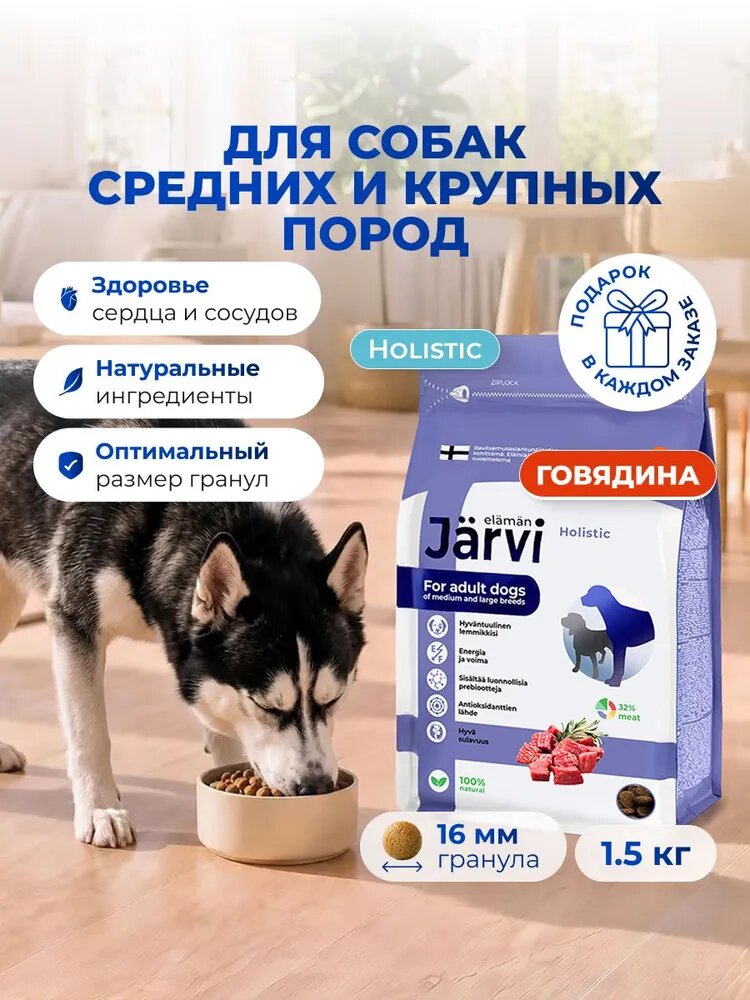 Сухой корм Jarvi полнорационный для взрослых собак средних и крупных пород с говядиной, 1,5 кг