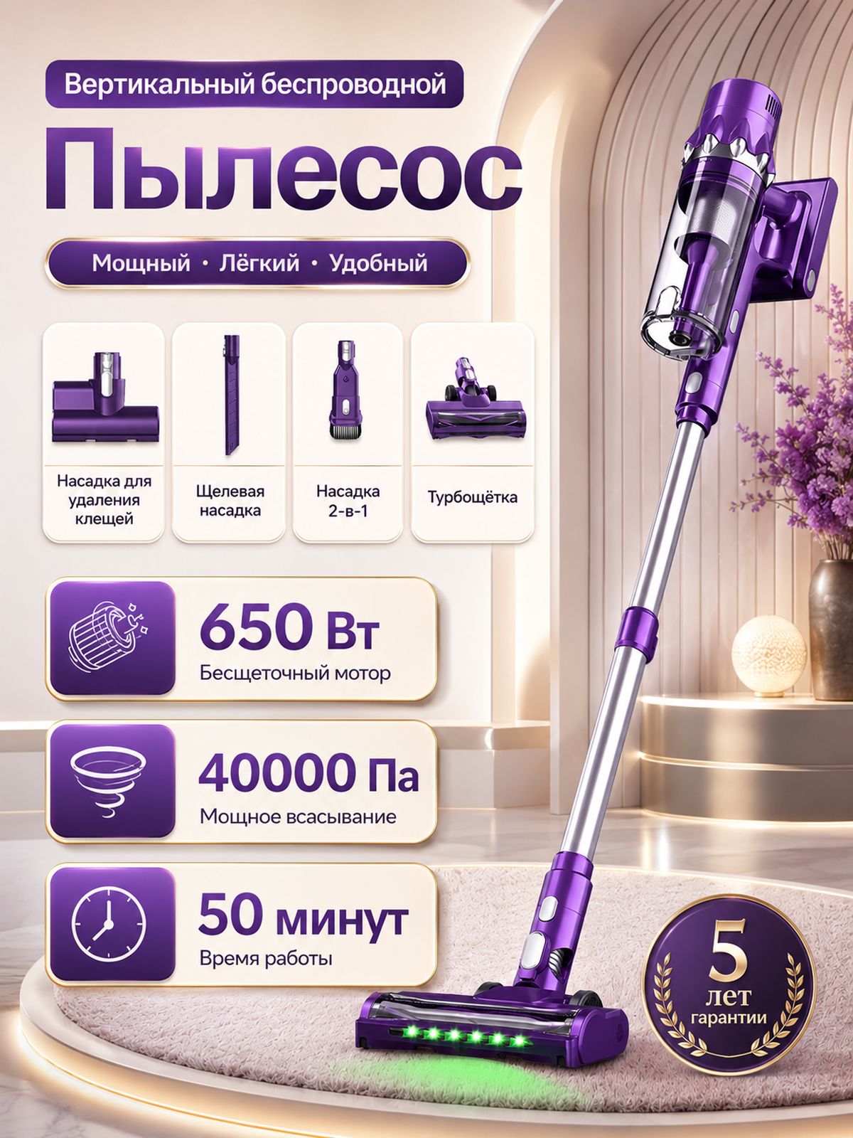 Пылесос вертикальный беспроводной, пылесос для дома , 650 Вт, Лазерная подсветка, Съёмный аккумулятор