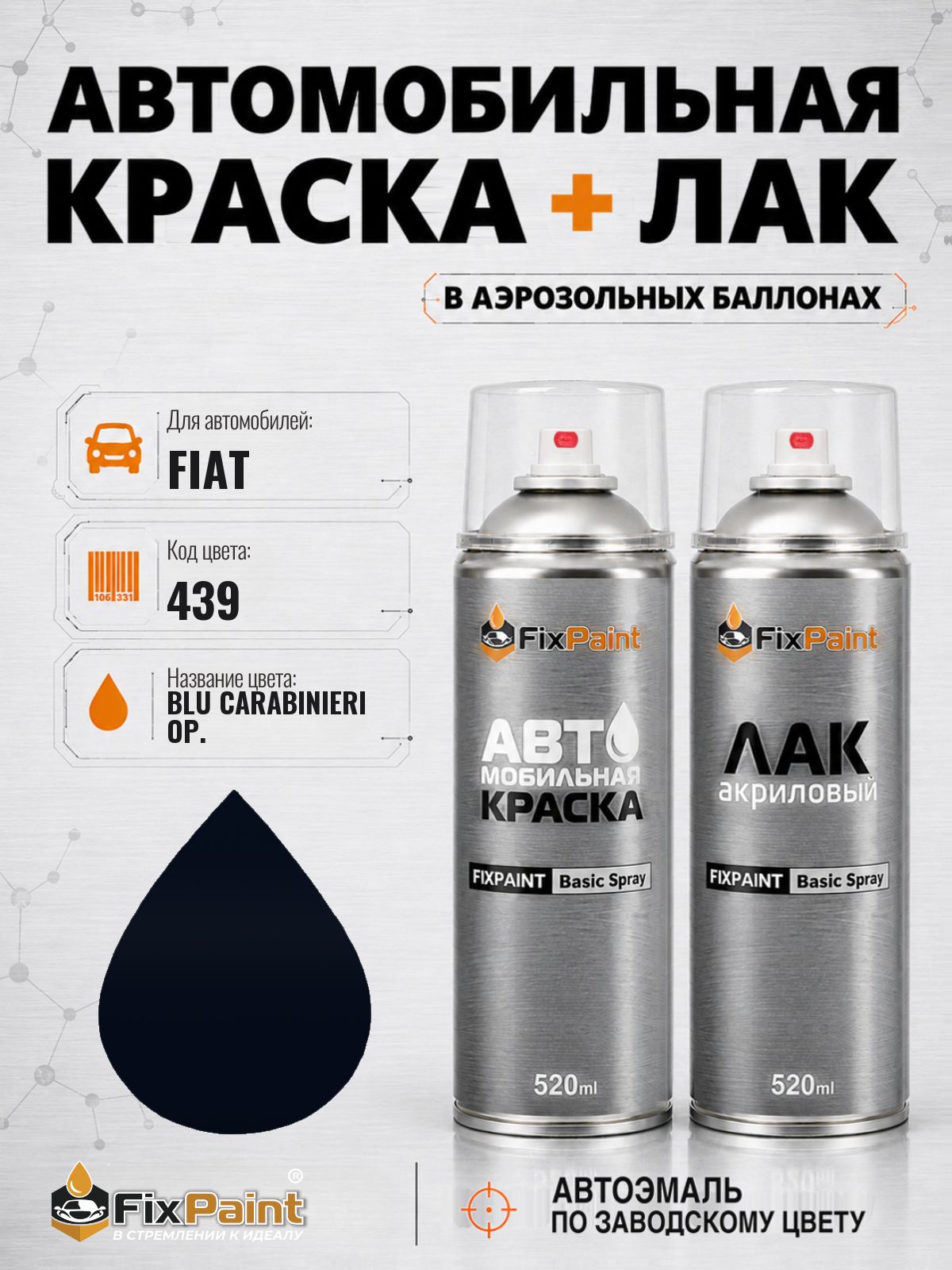 Краска и лак для FIAT, код 439, BLU CARABINIERI OP, автомобильная эмаль базовая и акриловый глянцевый лак FixPaint в аэрозольных баллонах 520 мл