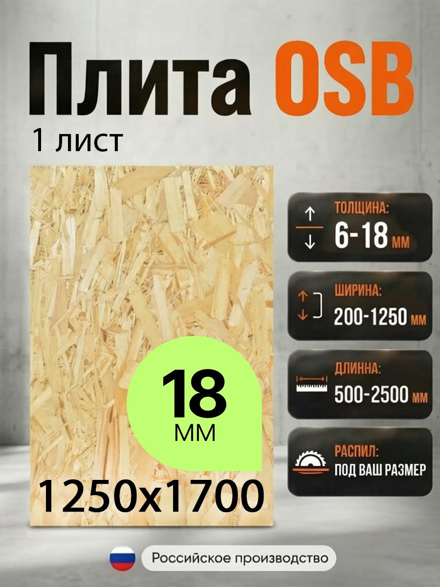 ОСП (OSB 3) плита влагостойкая ориентированно-стружечная 1 лист 18мм 1250х1700 мм