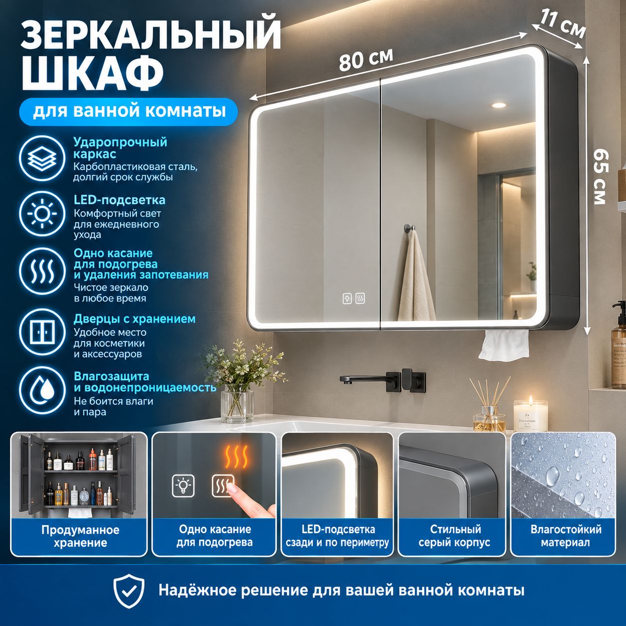 Умный Зеркальный Шкаф с Регулируемой Подсветкой - Влагостойкий, Антизапотевание, Каркас из Углеродистой Стали,65,80, серый
