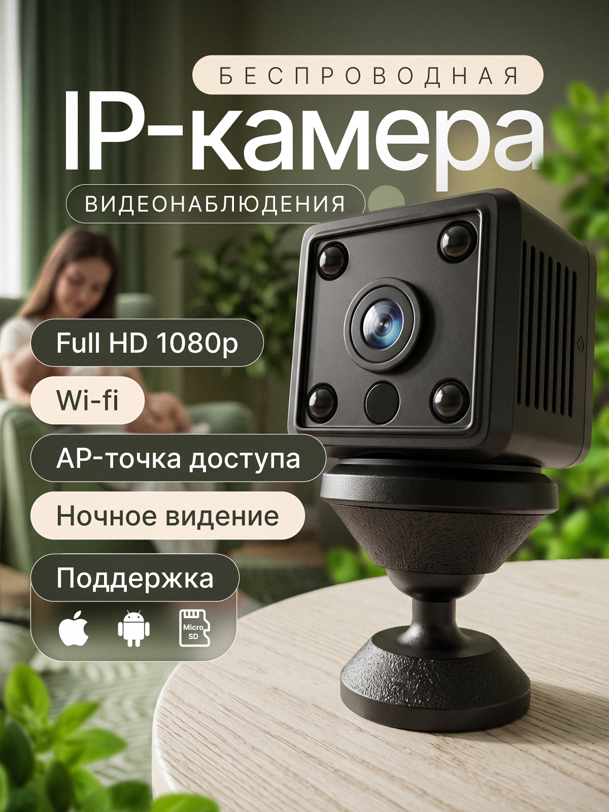 Мини камера видеонаблюдения c WiFi удаленным управлением и режимом ночной съемки