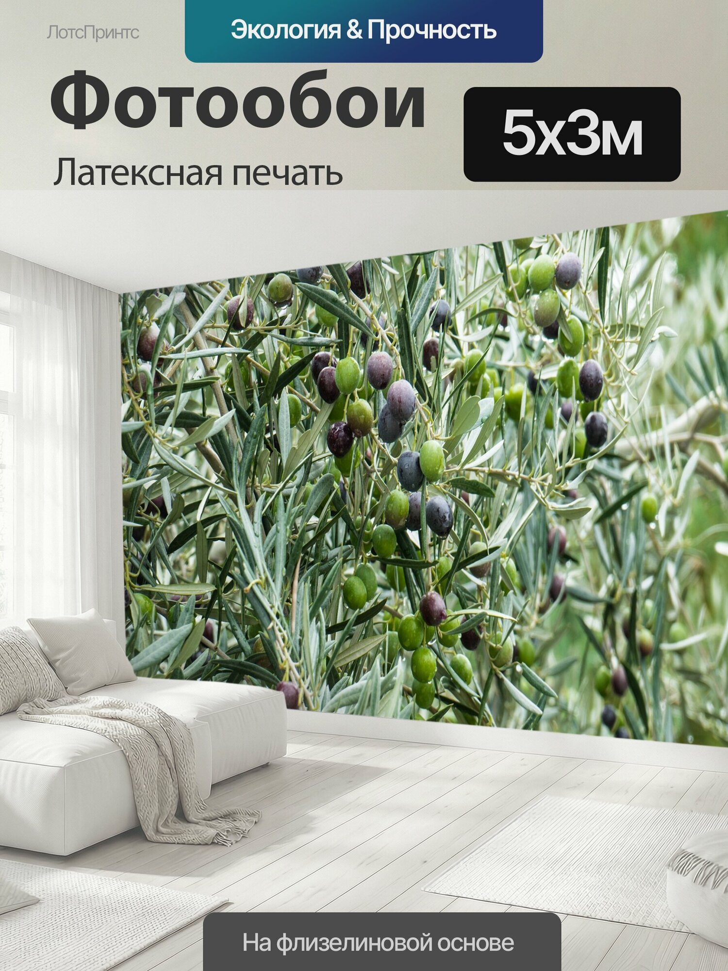 Фотообои моющиеся ударопрочные "Оливковый, зеленый, оливки" 500x300 см. латексная печать