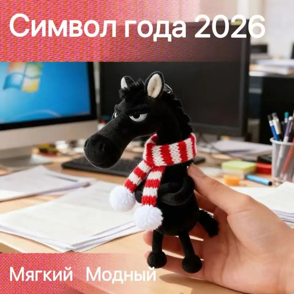 Мягкая игрушка Символ года 2026 Лошадка с шарфом с стильными цепочками