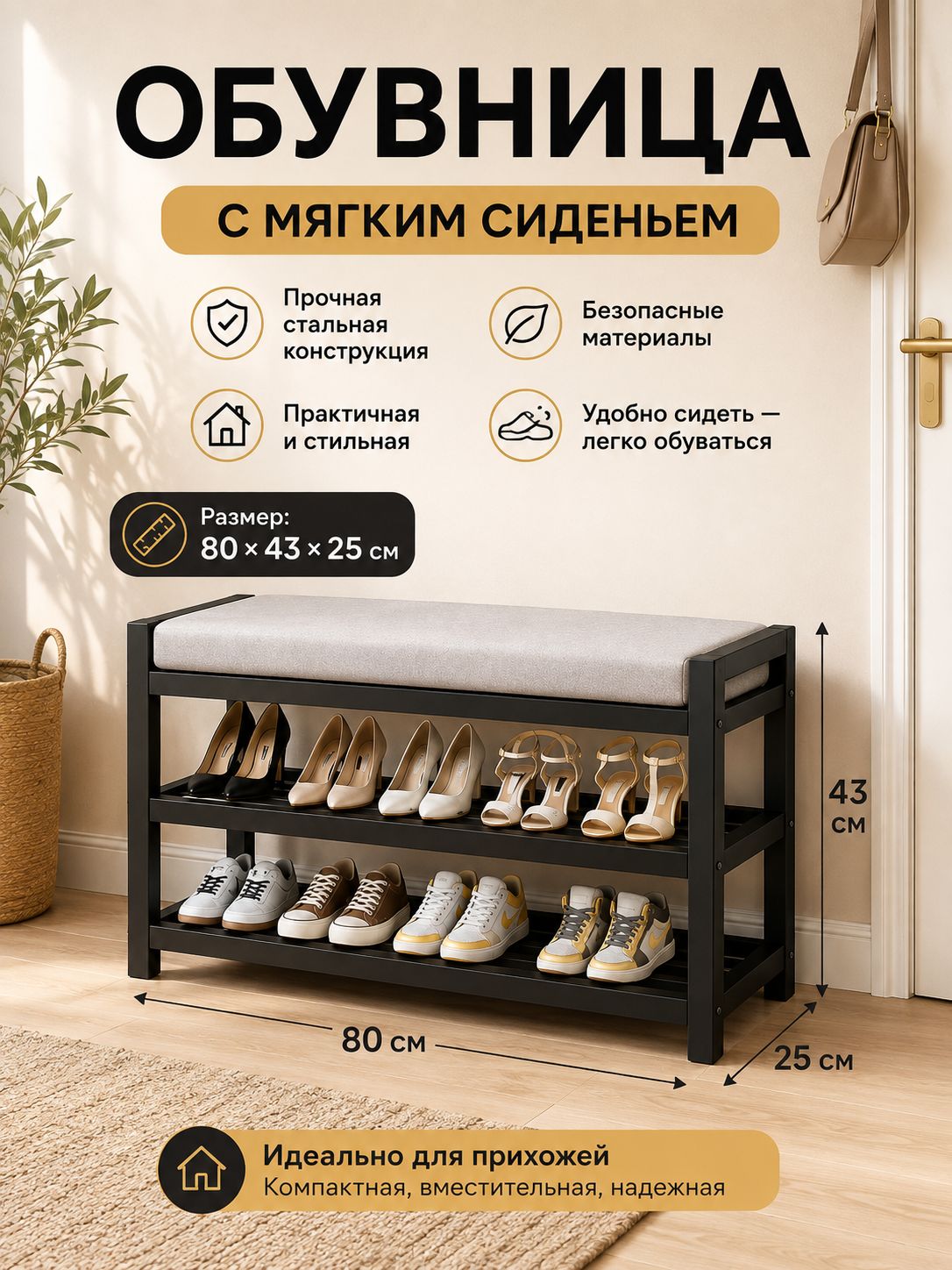 Обувница, Металл, Сталь, 80х25х43 см