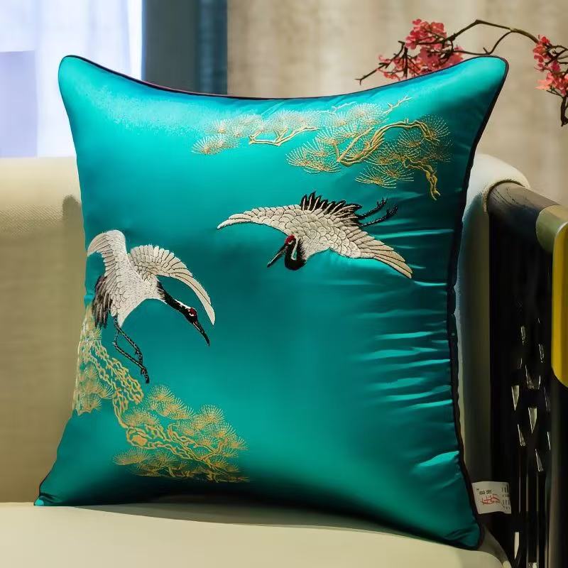 Новый китайский стиль，Чехол для подушки с вышивкой журавль 45x45cm Pillowcase, зелёный