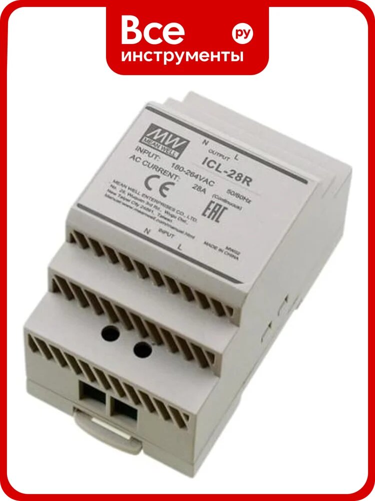 Ограничитель пускового тока на DIN-рейку MEAN WELL ICL-28R 180-264В 48А (предельный ток) 28А (постоянный), внутренняя тепловая защита, встроенное байпасное реле 3488247