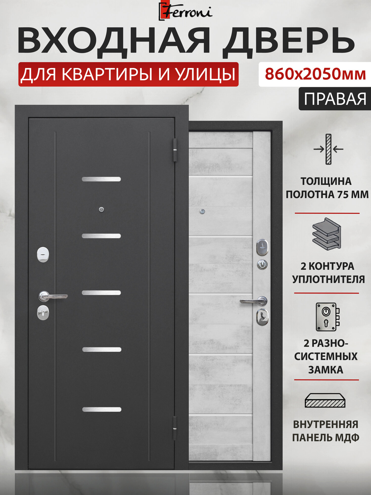 Входная дверь Ferroni 7,5 см Гарда Серебро Бетон Снежный Царга (860мм) правая