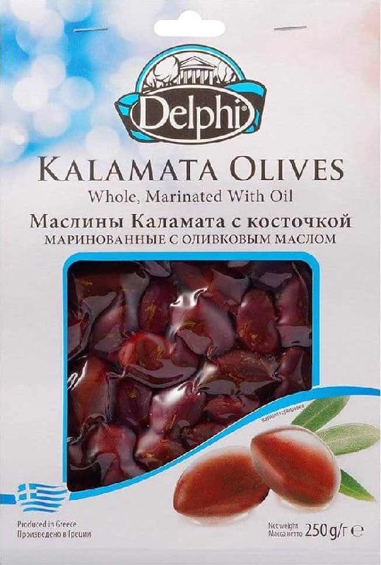 Маслины DELPHI Каламата с косточкой маринованные с оливковым маслом /вакуум/ 250г