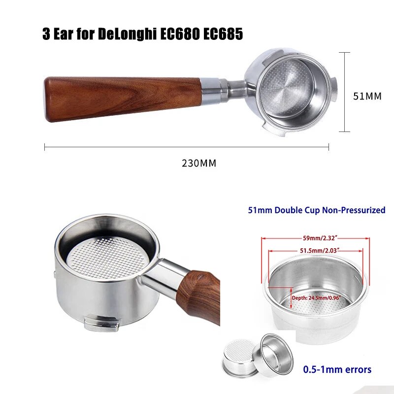 Портафильтр 51 мм для Delonghi EC680/EC685, дерево