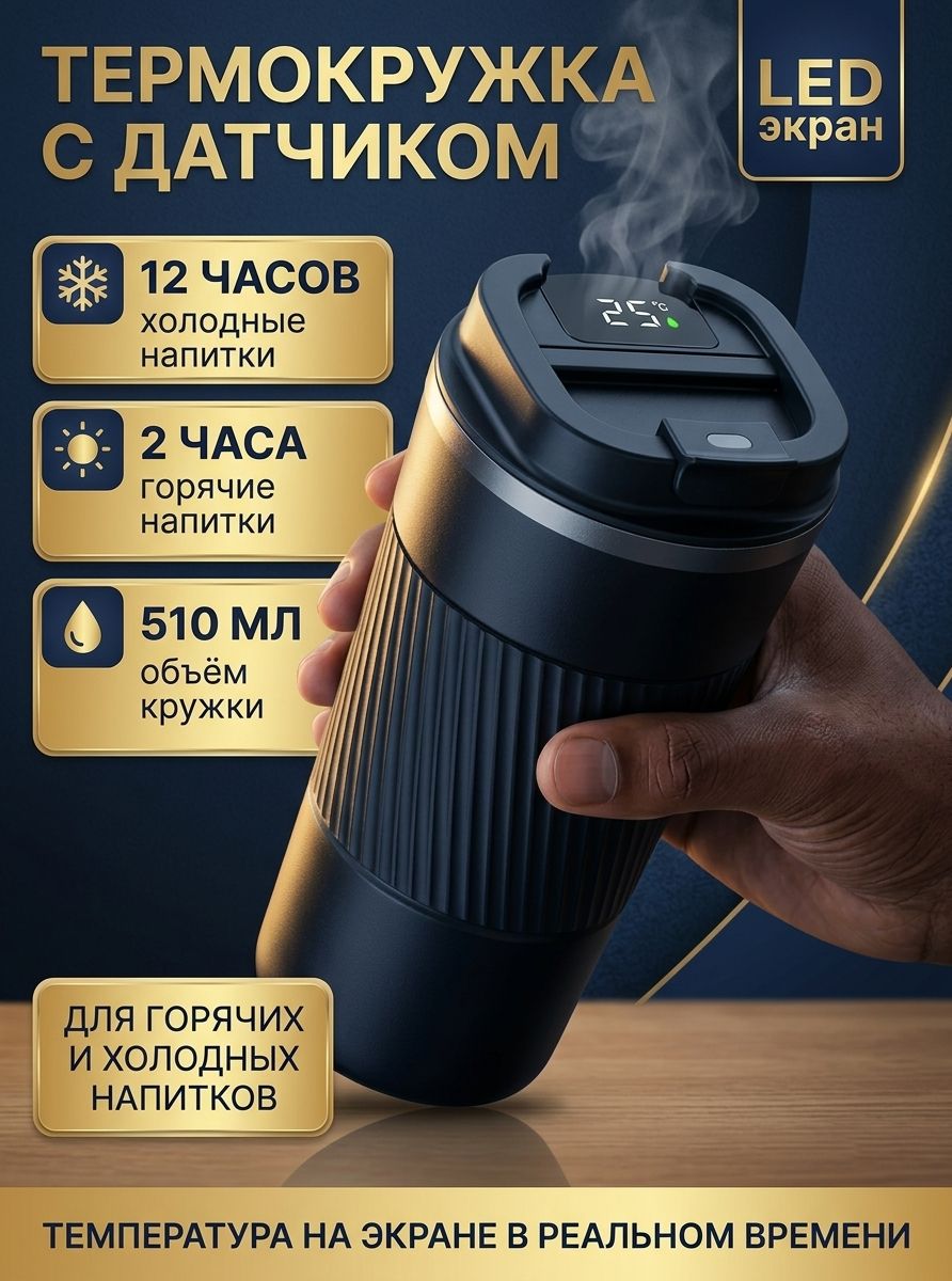 Термокружка с датчиком температуры для кофе. Объем 510 мл.