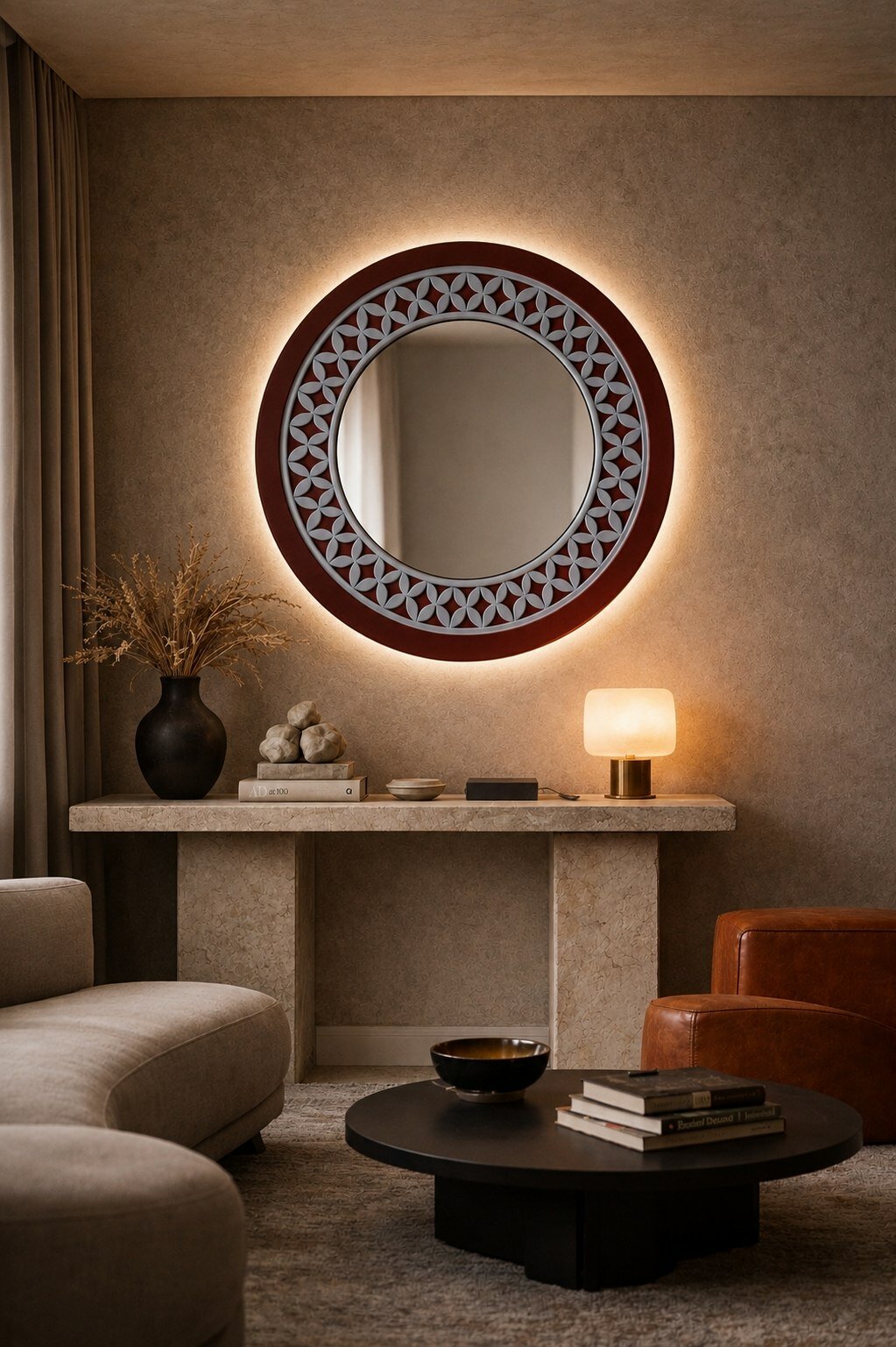 Зеркало с подсветкой, дизайнерское, в раме, круглое "Сорена" 68*68см, голубой, бордовый