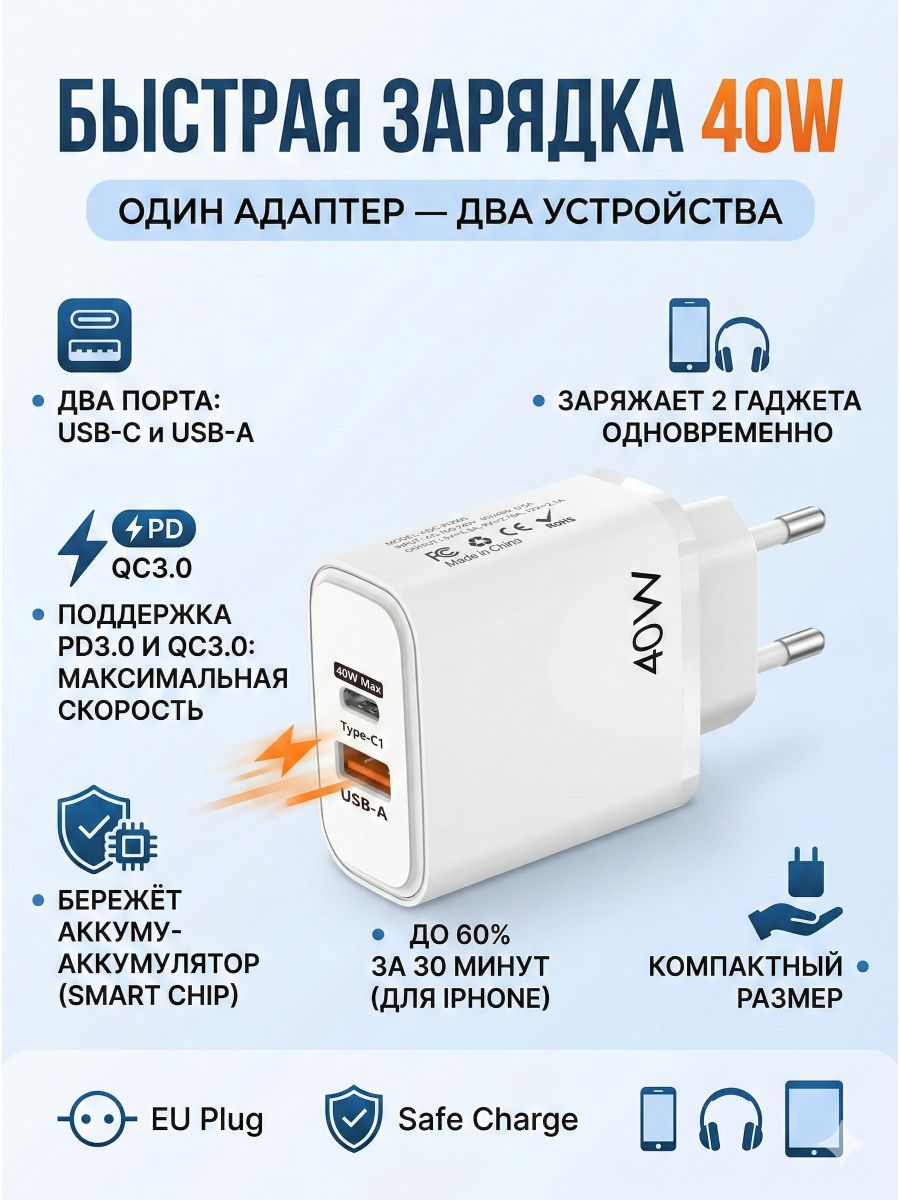 Адаптер питания 40 Вт, USB, Type-C, быстрая зарядка белая