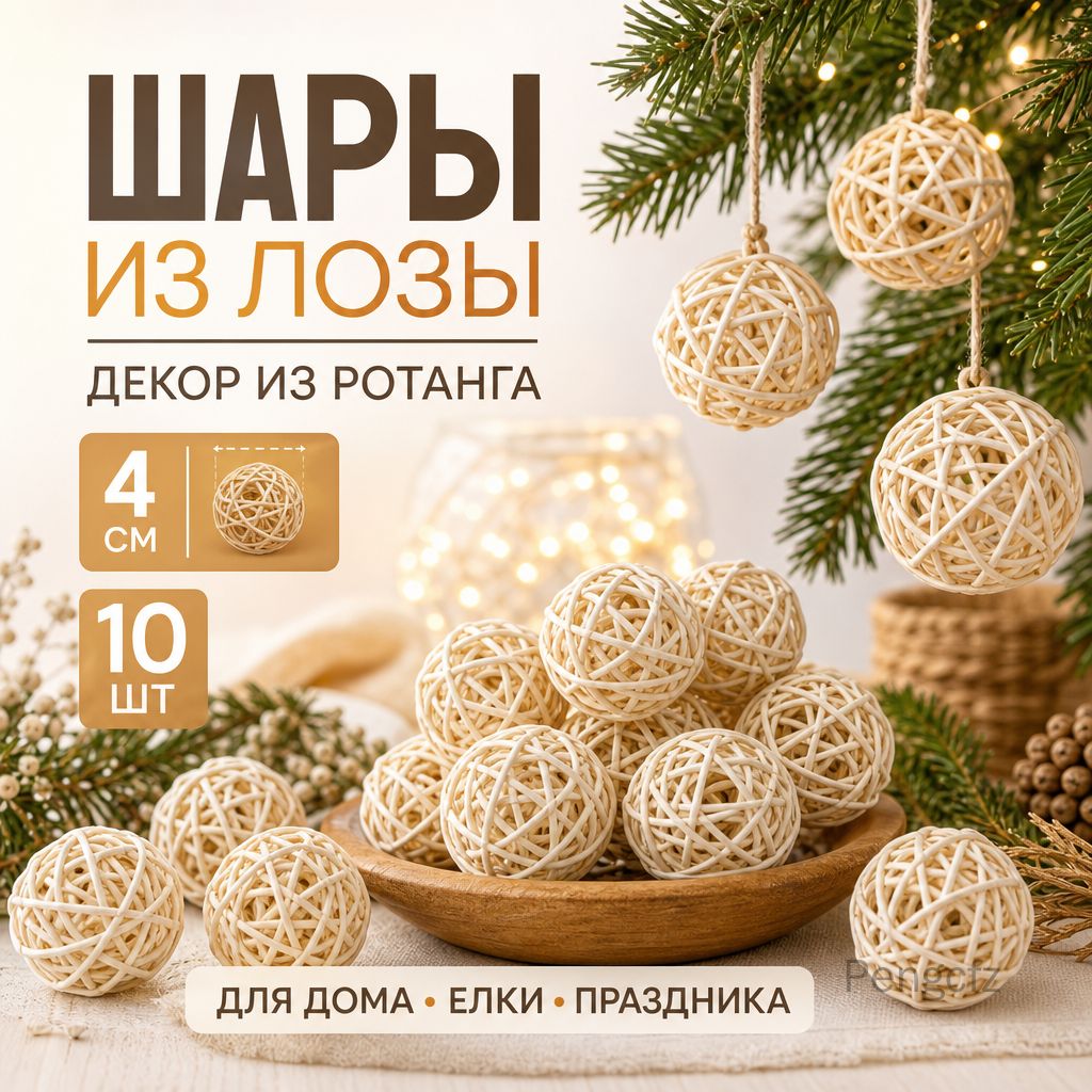 Шары из лозы круглые диаметром 4 см, 10 шт, декор из ротанга