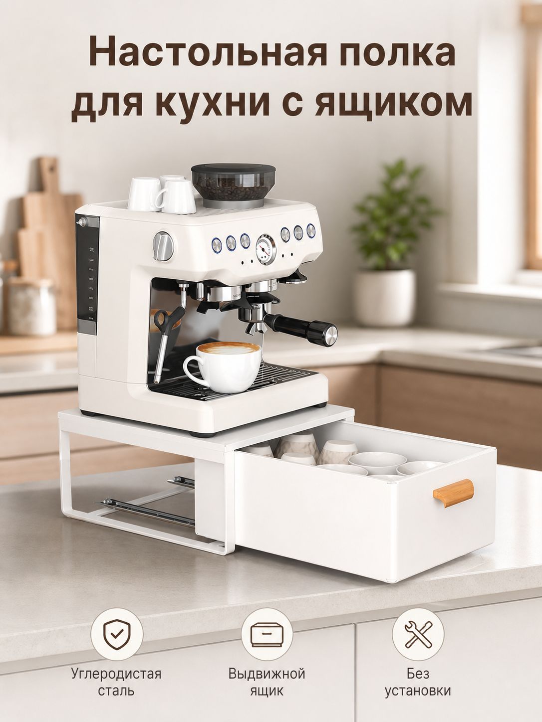 Настольная полка-органайзер для кухни с выдвижным ящиком, белый, 30 см, сталь